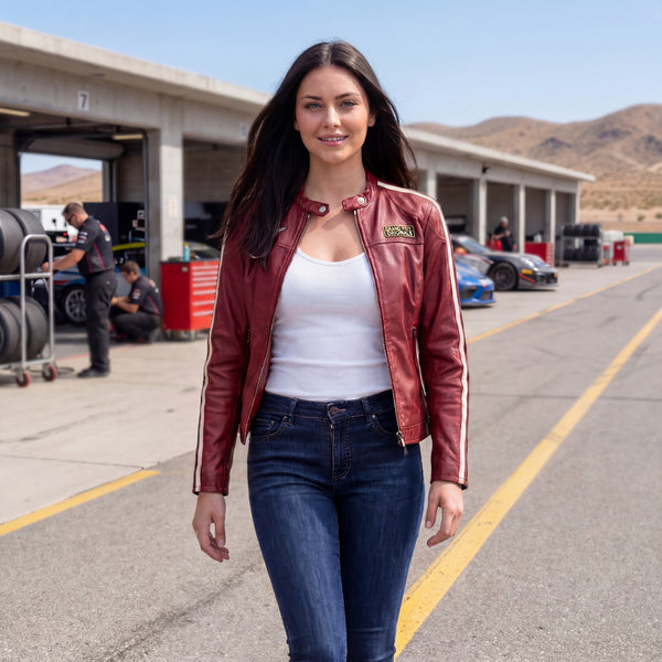 Women's Lambskin Leather Racing Jacket in Classic Oxblood Red ...